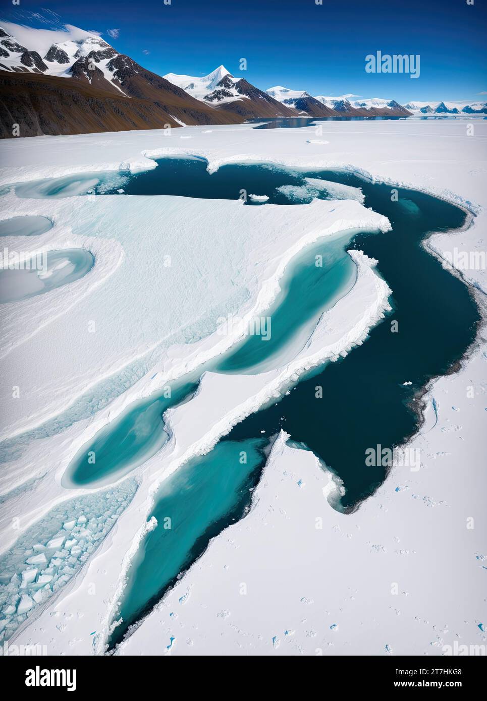 An aerial view of a vast expanse of frigid ocean water surrounded by a ...