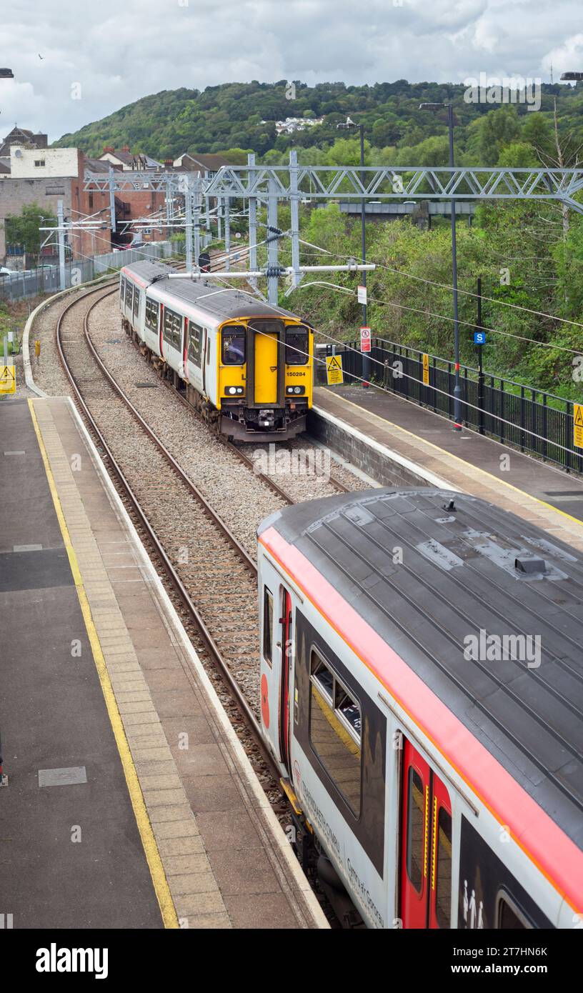 Transport For Wales class 150 diesel multiple unit trains passing at Mountain Ash Railway ...