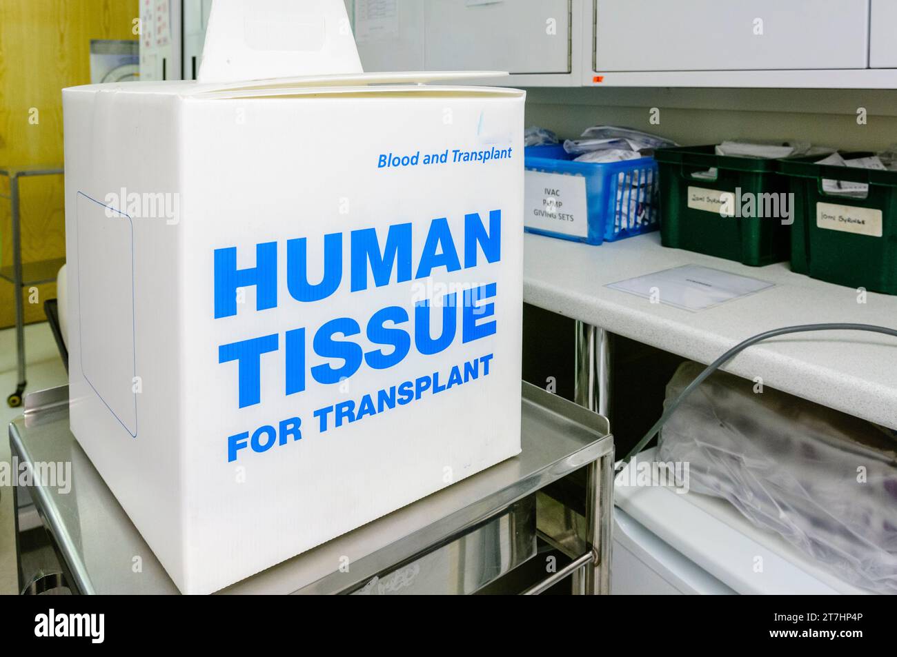 Box in a hospital saying "Human Tissue for transplant Stock Photo - Alamy