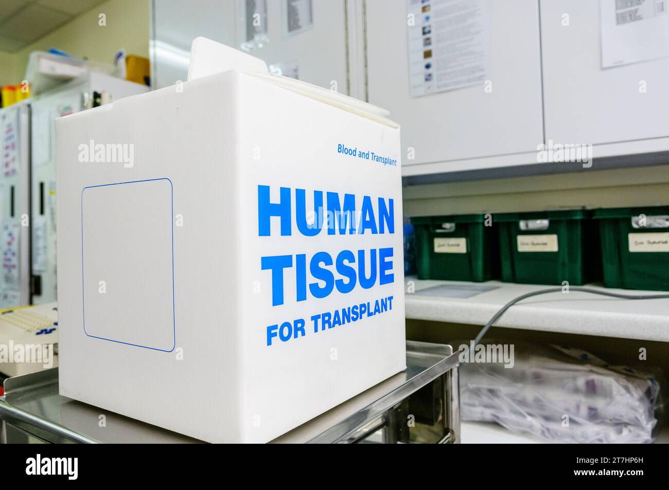 Box in a hospital saying "Human Tissue for transplant Stock Photo - Alamy