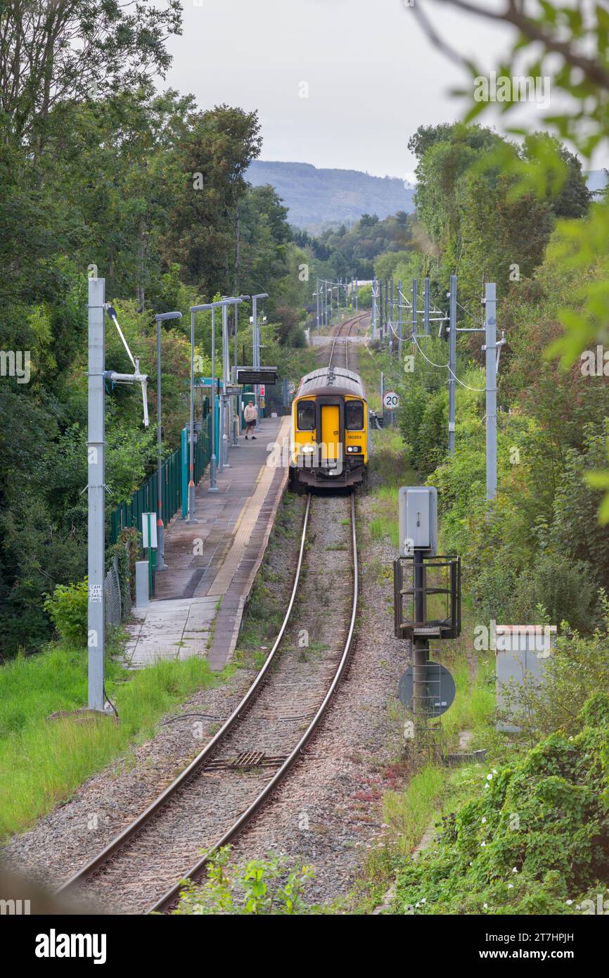 Transport For Wales class 150 Diesel multiple unit train at the small single platform Troed - Y ...