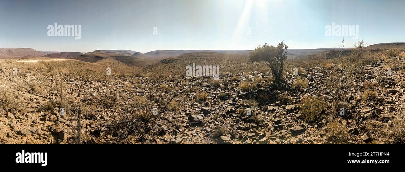 Panorama looking into the distance over a desert in Namibia, with ...