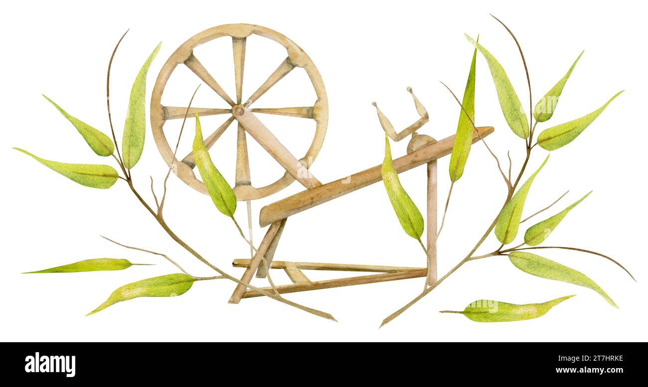 Hand drawn watercolor spinning wheel with bamboo leaves on branch ...