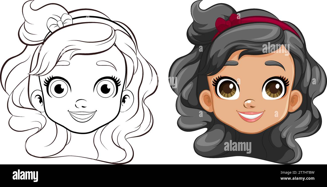 A vibrant and joyful cartoon illustration of a girl's smiling head ...