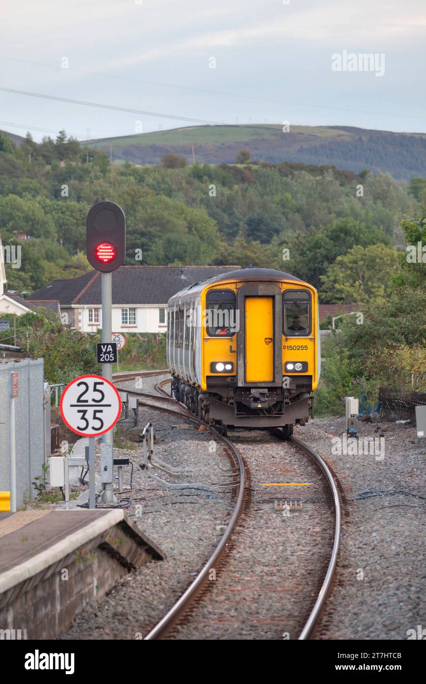 Transport For Wales class 150 Diesel multiple unit train arriving at Merthyr Tydfil, south Wales ...