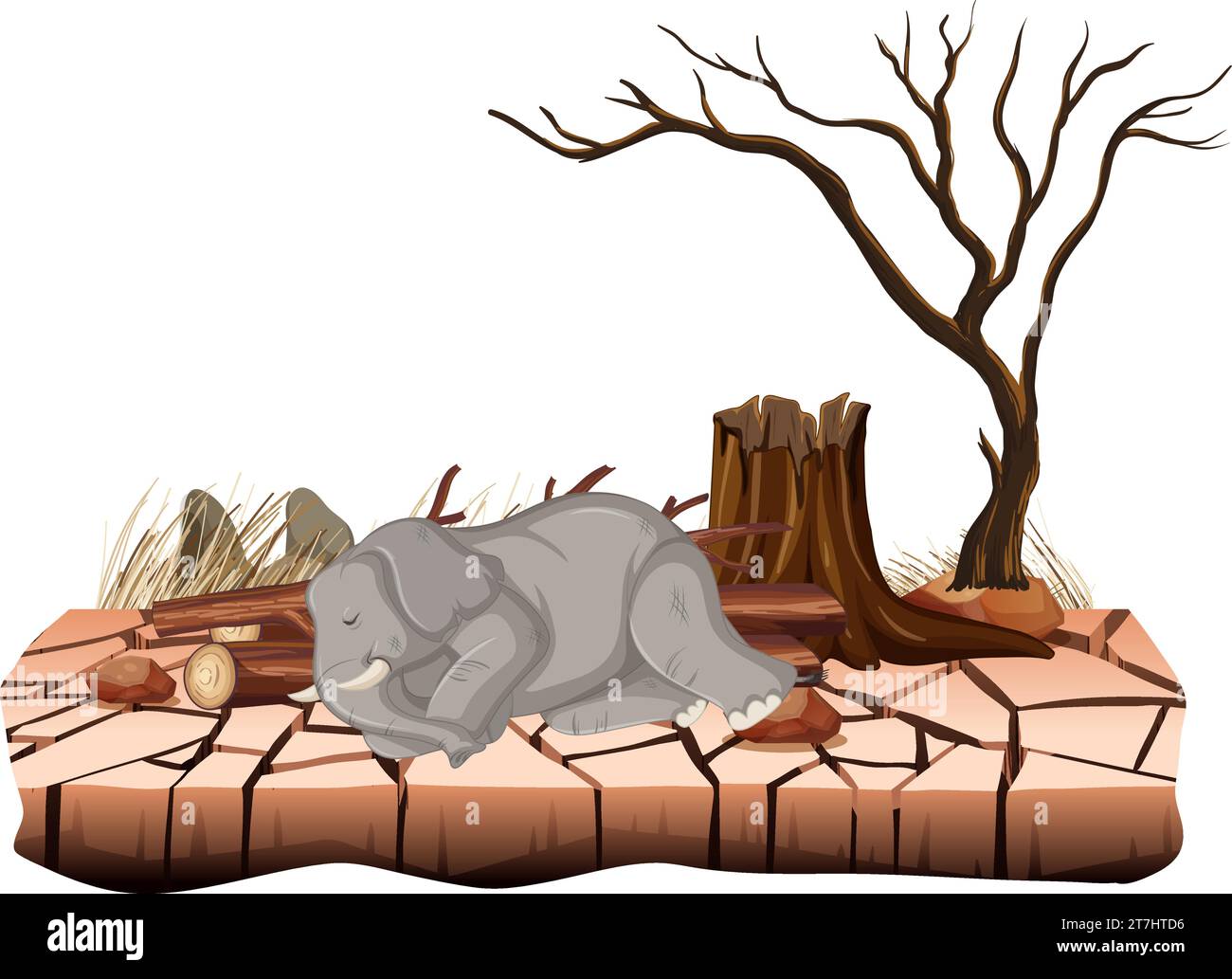 Cartoon illustration depicting a dead elephant in a barren landscape ...