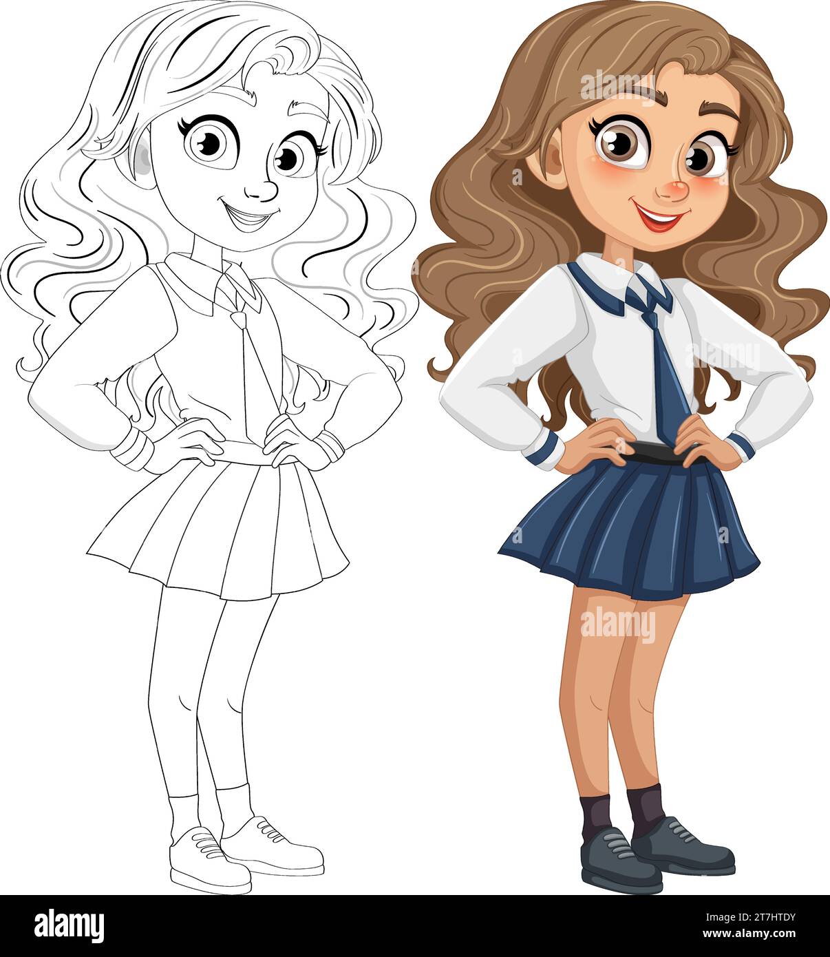 Beautiful student with red hair and uniform smiling in doodle outline ...