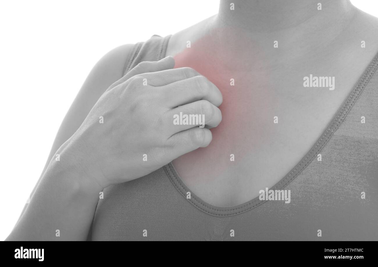 Itching of skin diseases in women using the hand-scratching. Red around ...