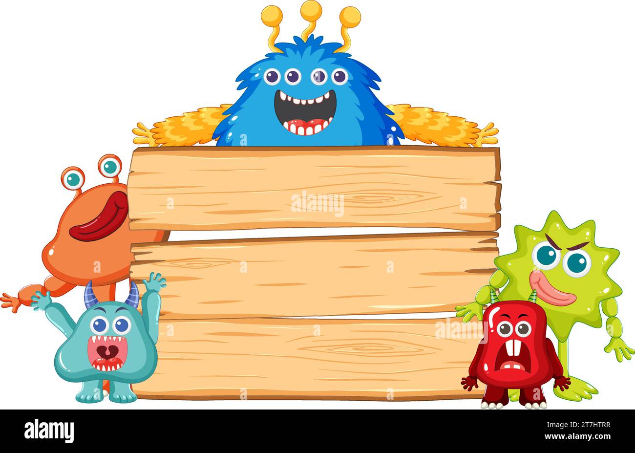Adorable cartoon monsters posing with wooden frame board template Stock ...