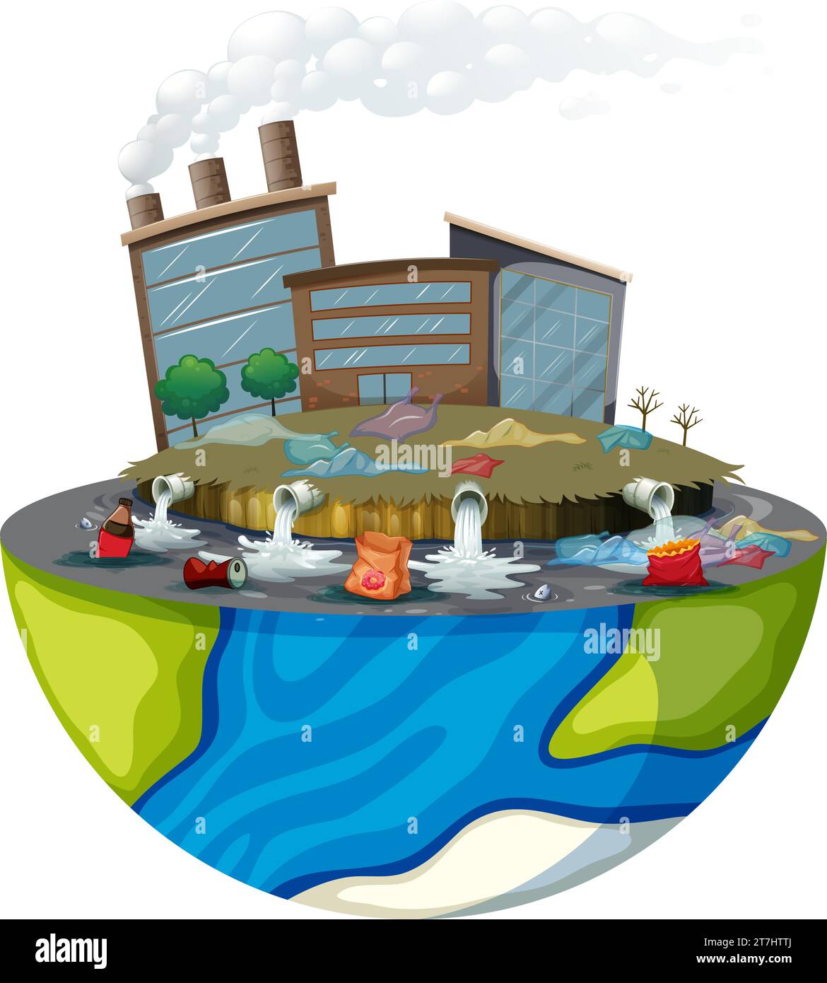 Illustration depicting the iconic Earth symbol with cartoon pollution ...