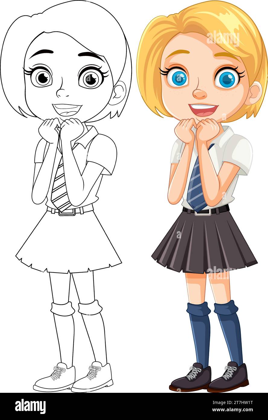 Smiling blonde girl student in school uniform for coloring pages Stock ...