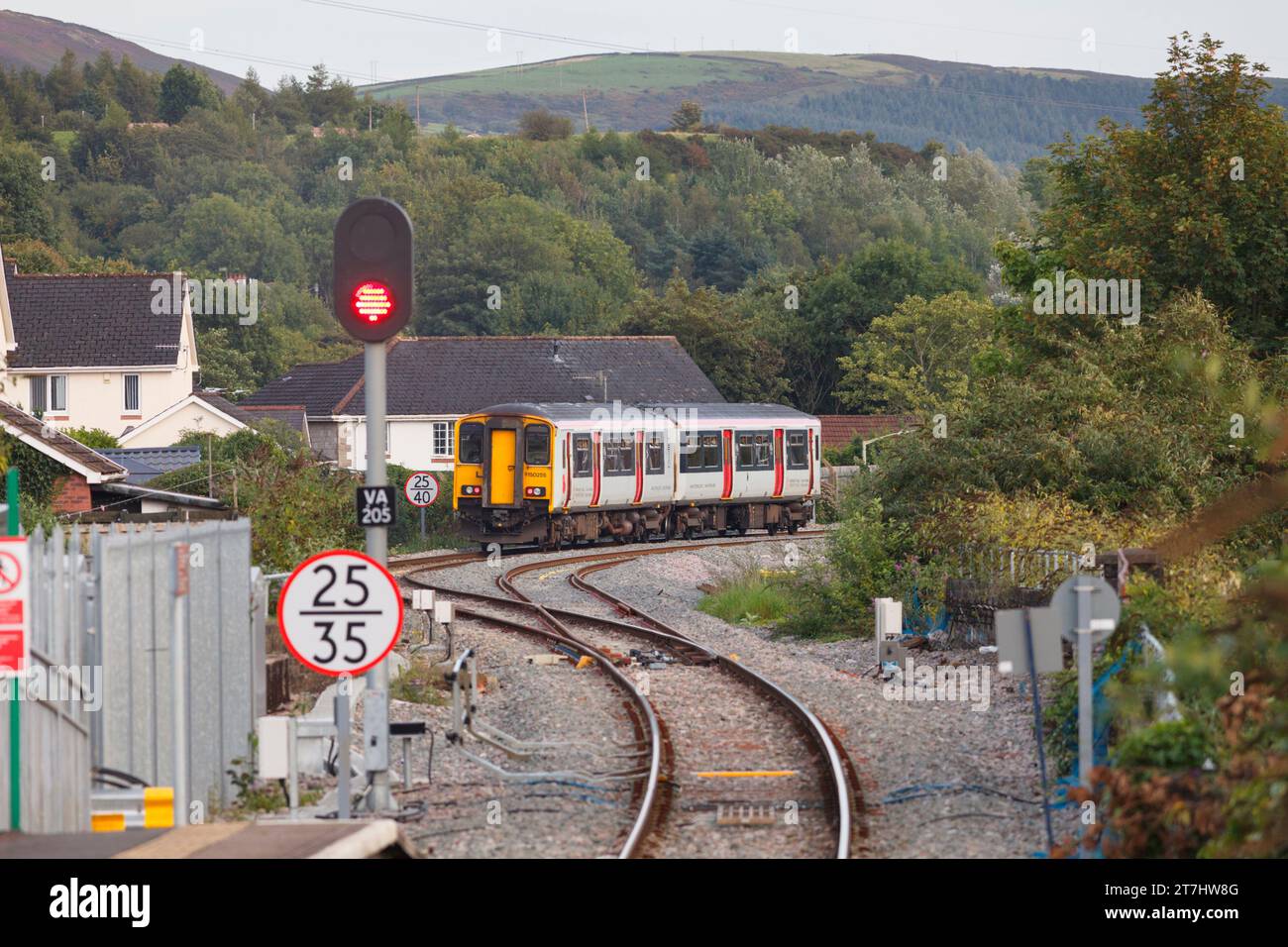 Transport For Wales class 150 Diesel multiple unit train departing from Merthyr Tydfil, south ...