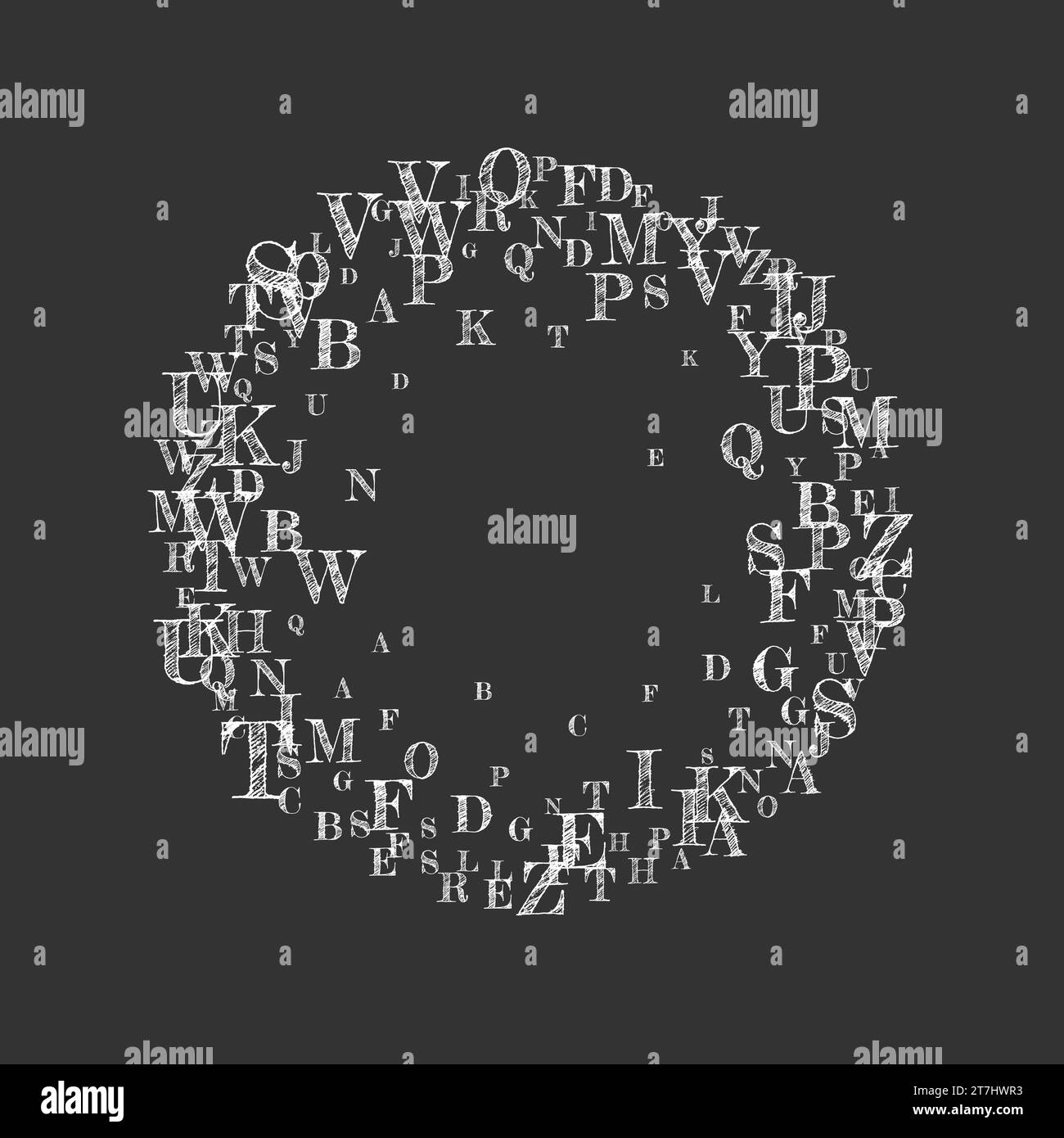 School notebook cover. White chalk floating letters of Latin alphabet ...