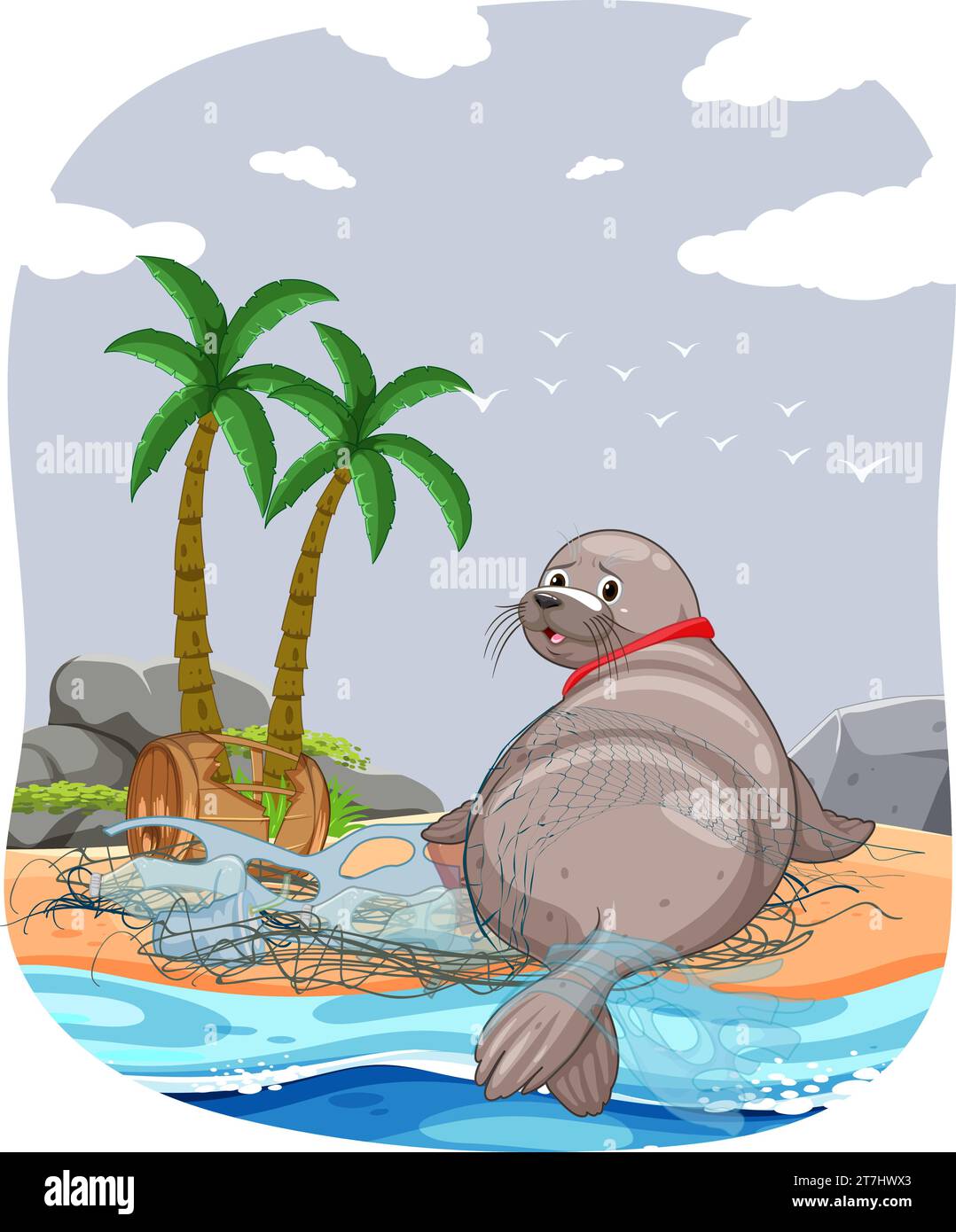 Disturbing image of a seal covered in plastic pollution on a beach ...