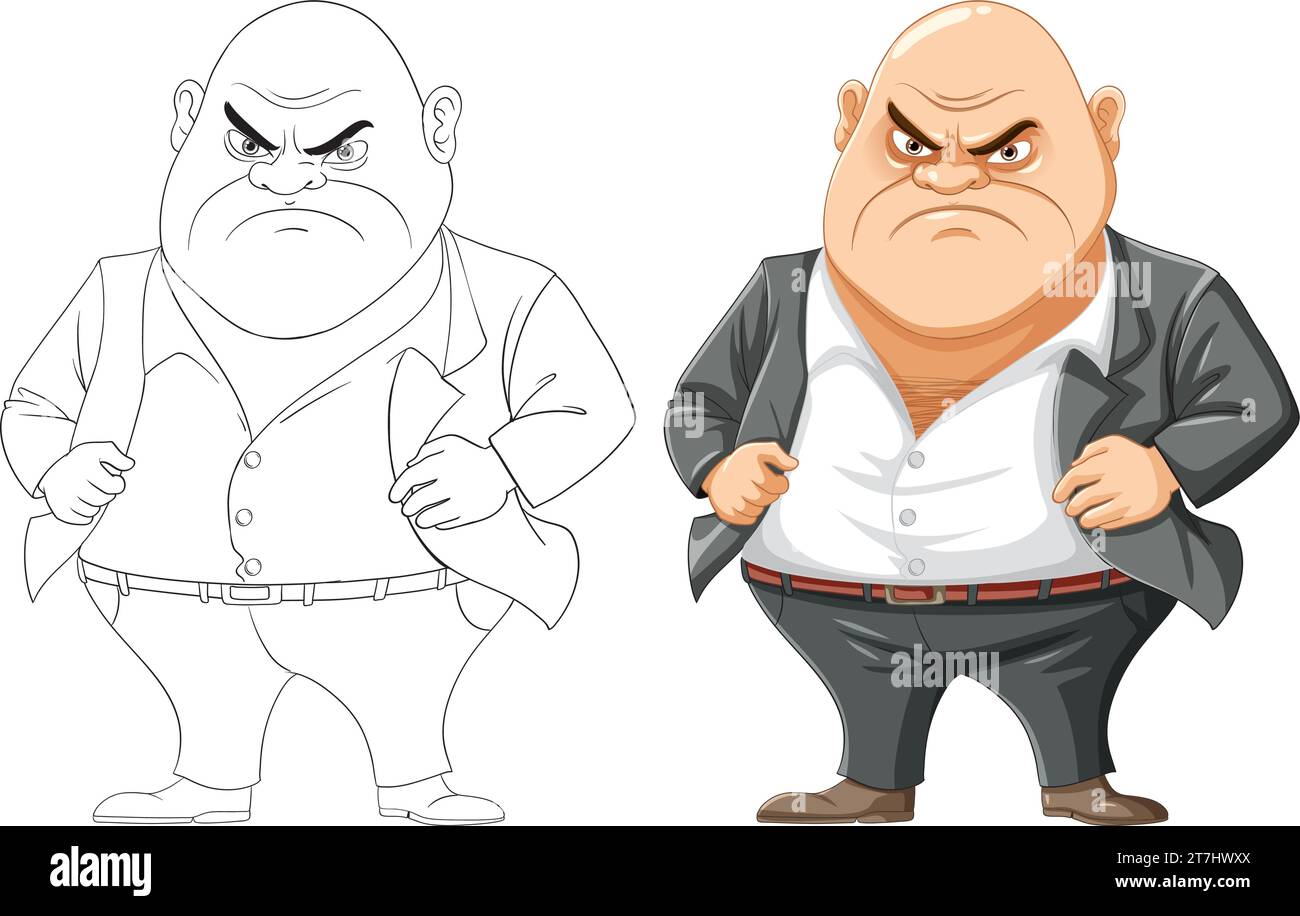 A vector cartoon illustration of a grumpy bald middle-age mafia man ...