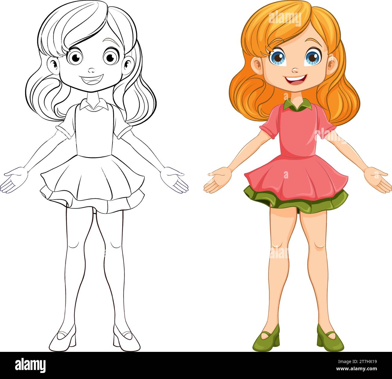 A cheerful girl cartoon character with a doodle outline for coloring ...