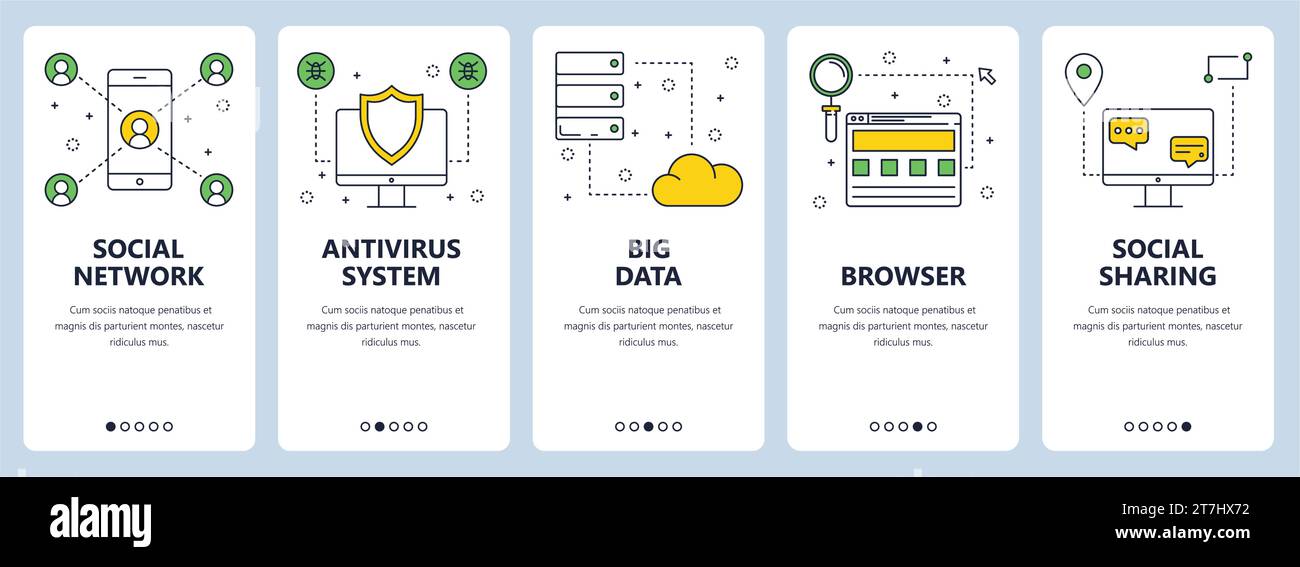 Vector set of vertical banners with Social network, Antivirus system, Big data, Browser, Social ...