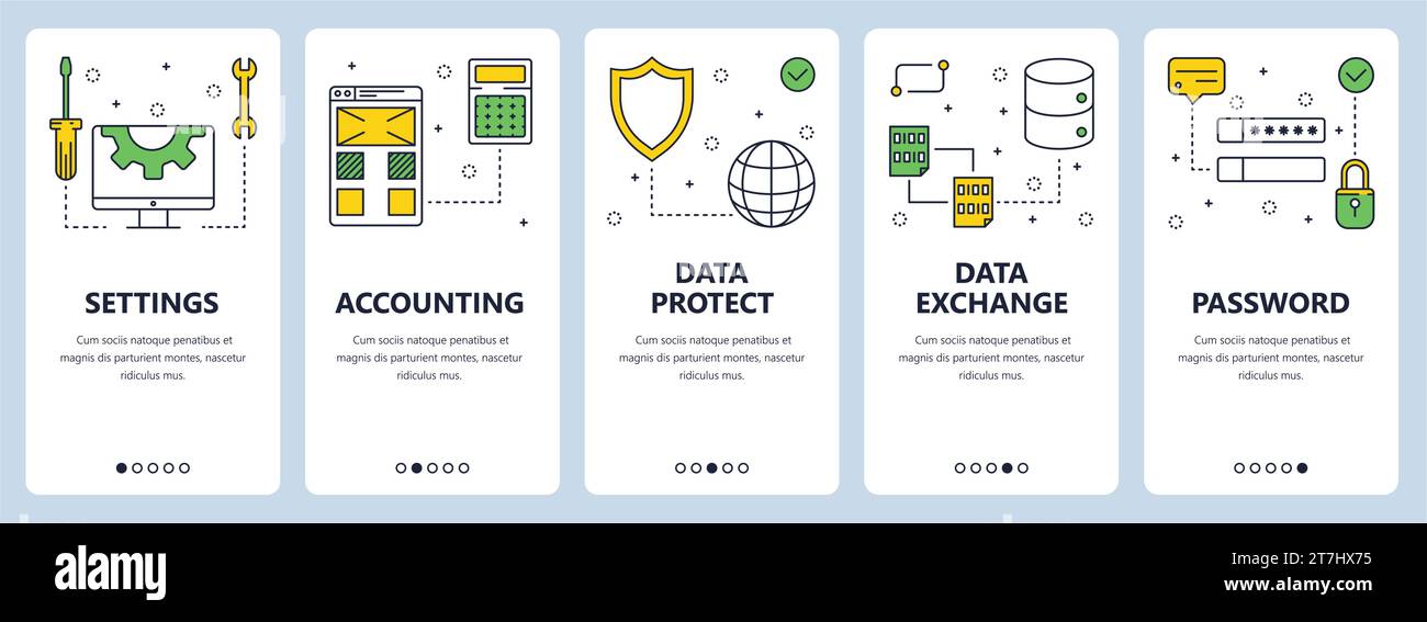 Vector set of vertical banners with Settings, Accounting, Data protect ...