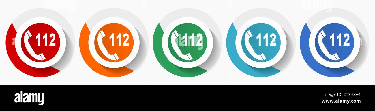 Emergency call, number 112 vector icon set, flat design colorful round icons in 5 color options ...