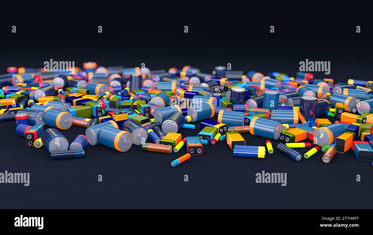 Pile of consumer batteries of different types - 3d illustration Stock ...