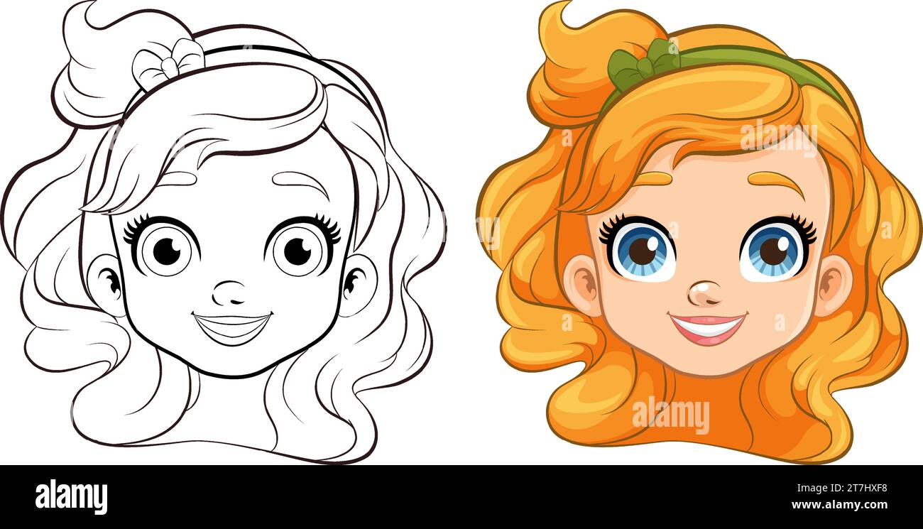 A vibrant vector illustration of a happy girl with a doodle outline ...
