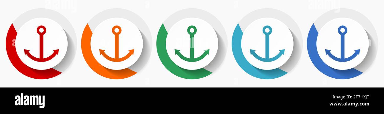 Anchor vector icon set, flat design colorful round icons in 5 color ...