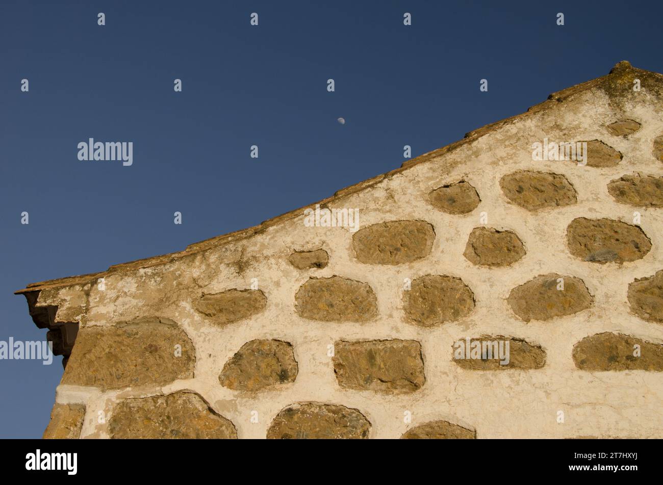 Detail of the forest house of Pajonales and waxing gibbous moon phase ...