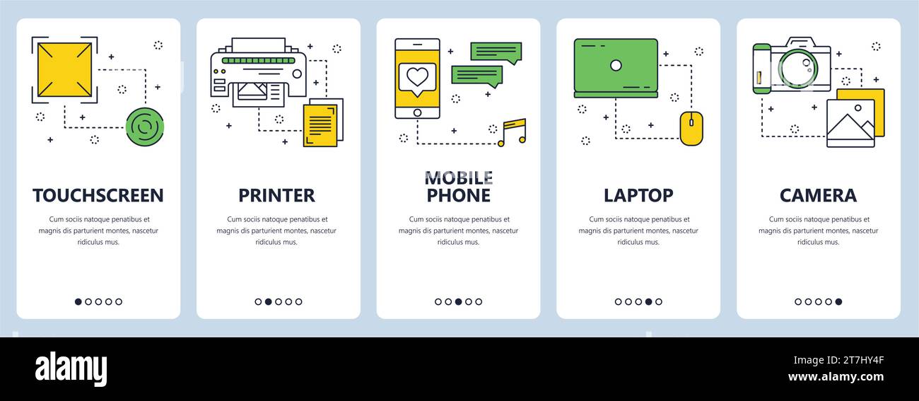 Vector set of vertical banners with Touchscreen, Printer, Mobile phone, Laptop, Camera website ...