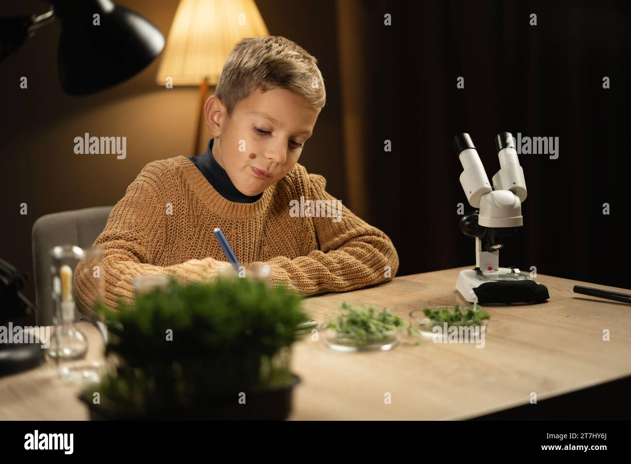 Boy studying plants under a microscope and taking notes in a notebook ...