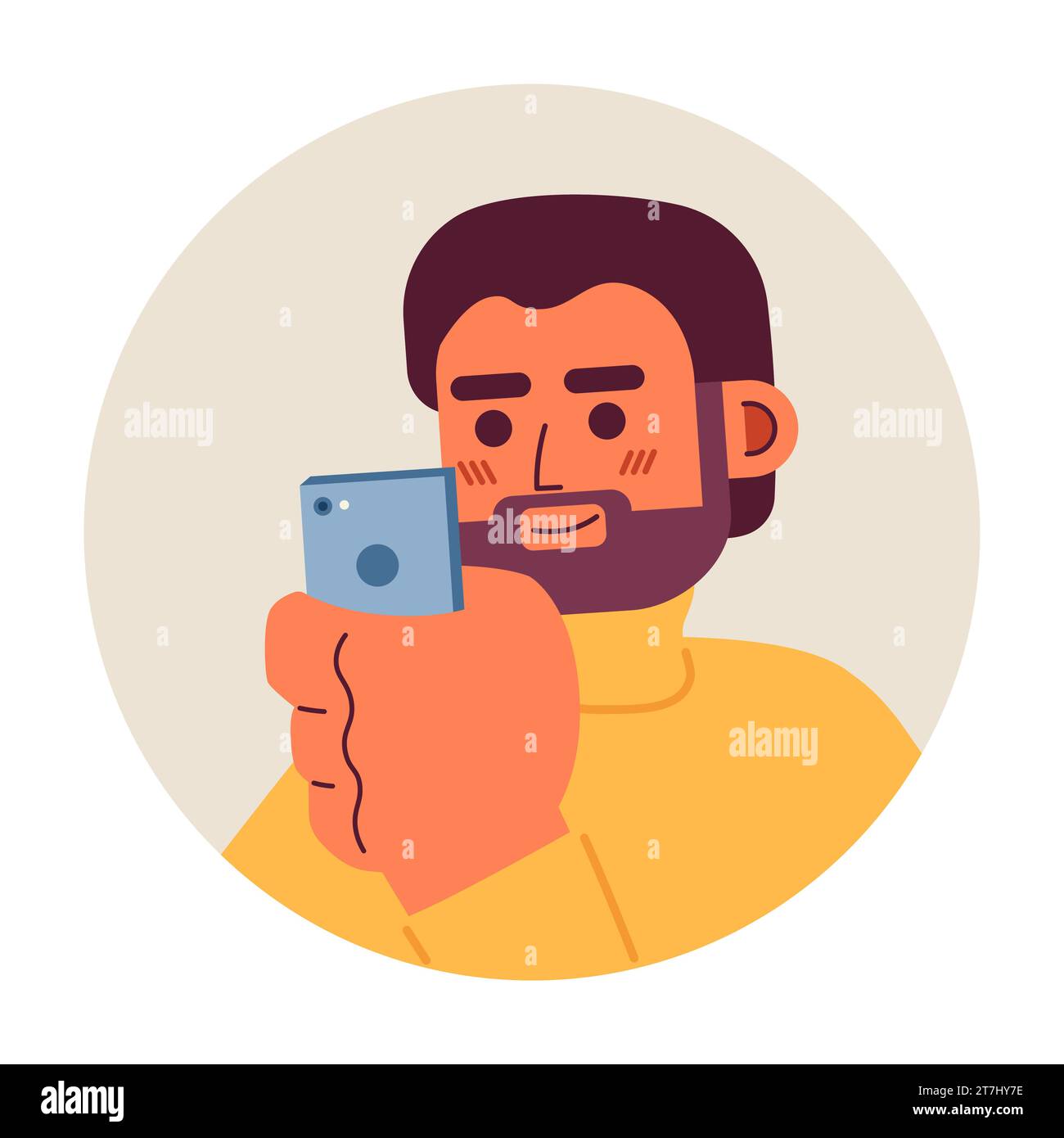 Bearded caucasian man looking at phone 2D vector avatar illustration ...