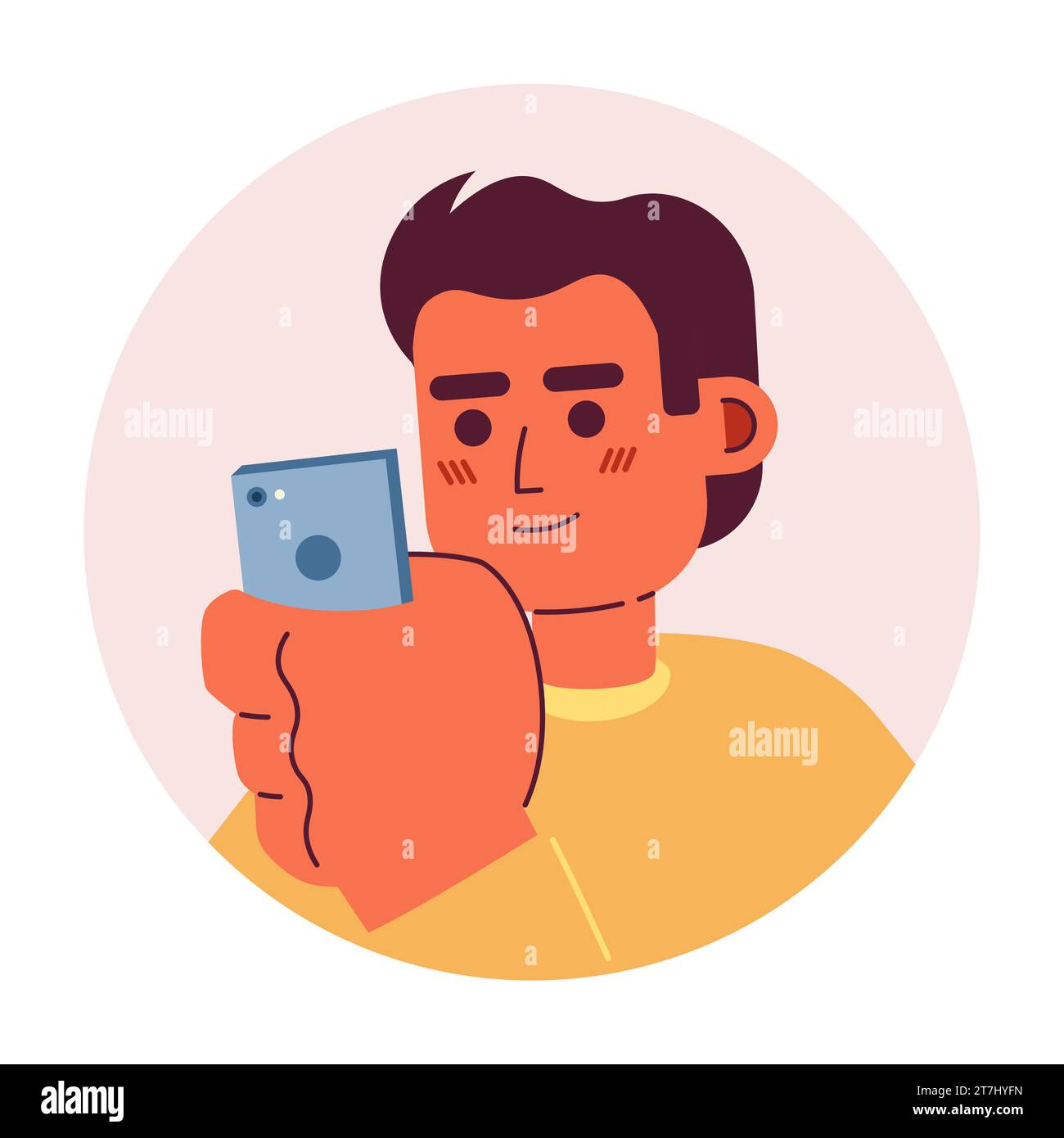 Hispanic young adult guy looking at phone 2D vector avatar illustration ...