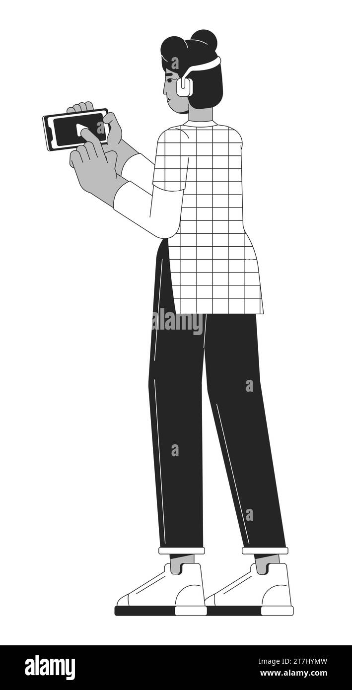 Black girl listening music streaming black and white 2D line cartoon ...