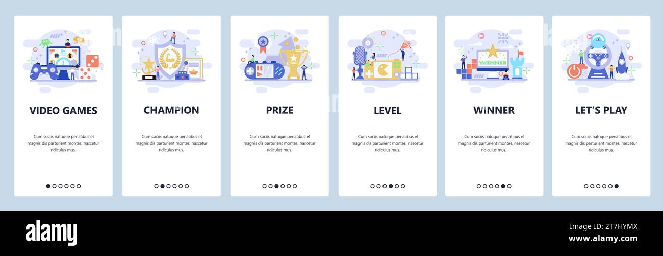 Mobile app onboarding screens. Video games, cyber sport, game level ...