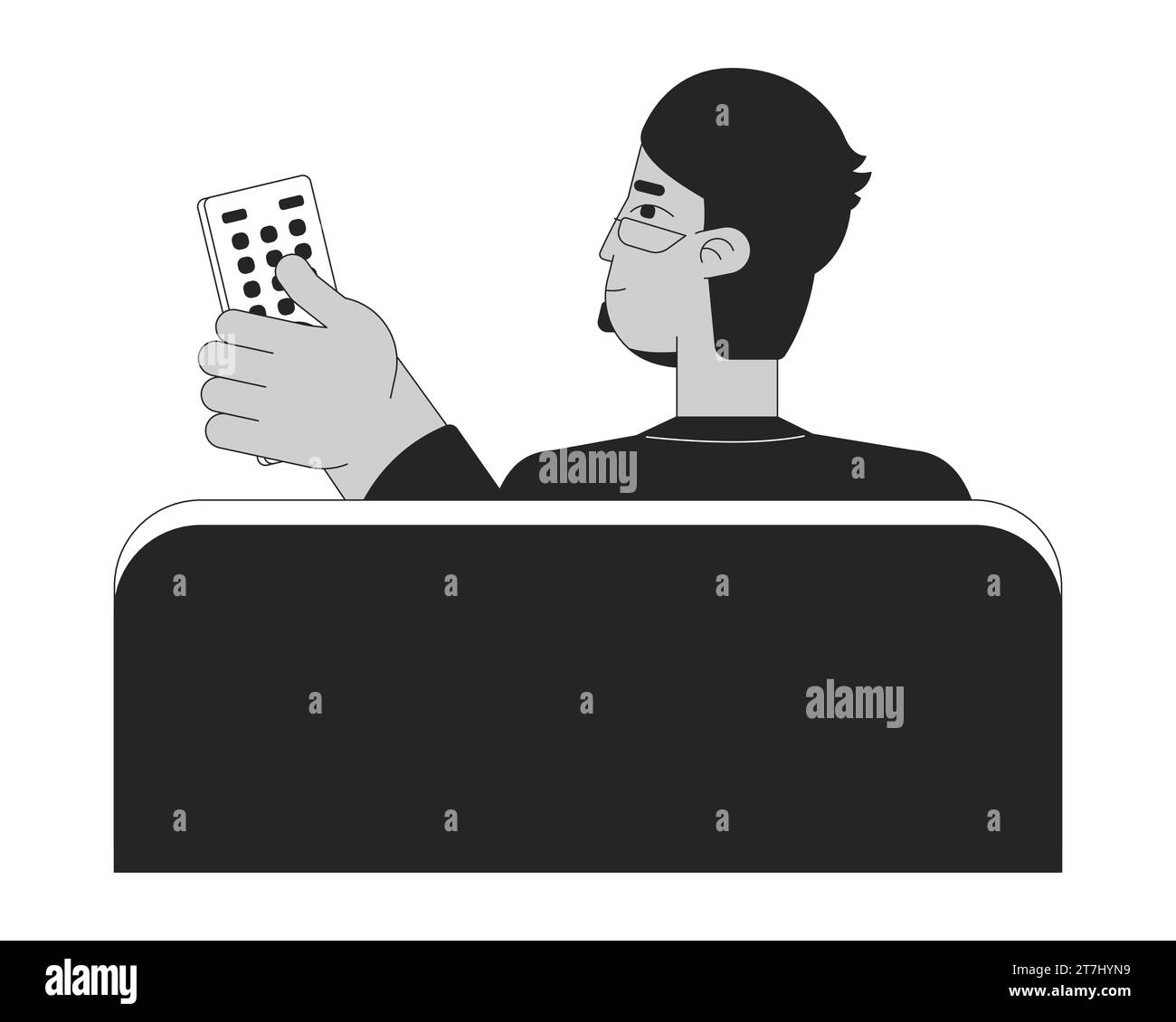 Arab eyeglasses man switching channel tv black and white 2D line ...