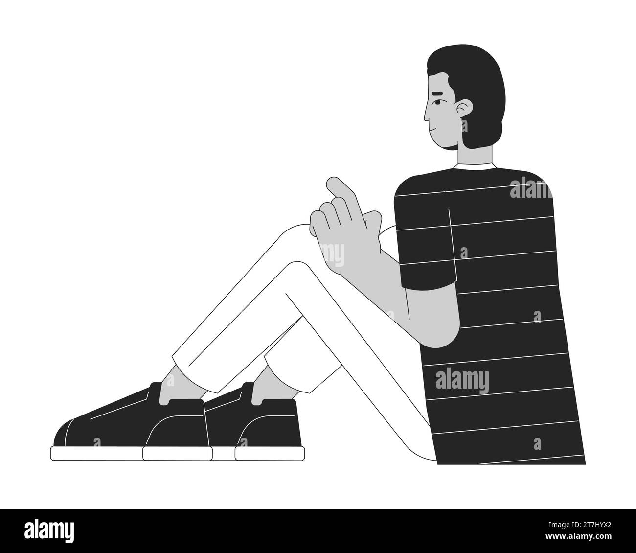 Hispanic guy sitting on floor black and white 2D line cartoon character ...