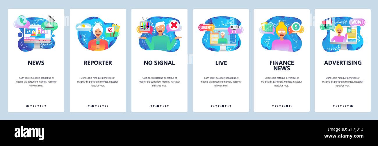 Mobile app onboarding screens. TV industry, breaking news, live stream ...