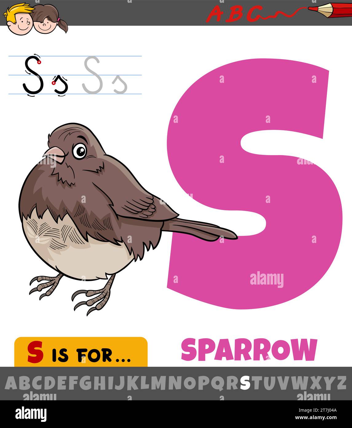 Educational cartoon illustration of letter S from alphabet with sparrow ...