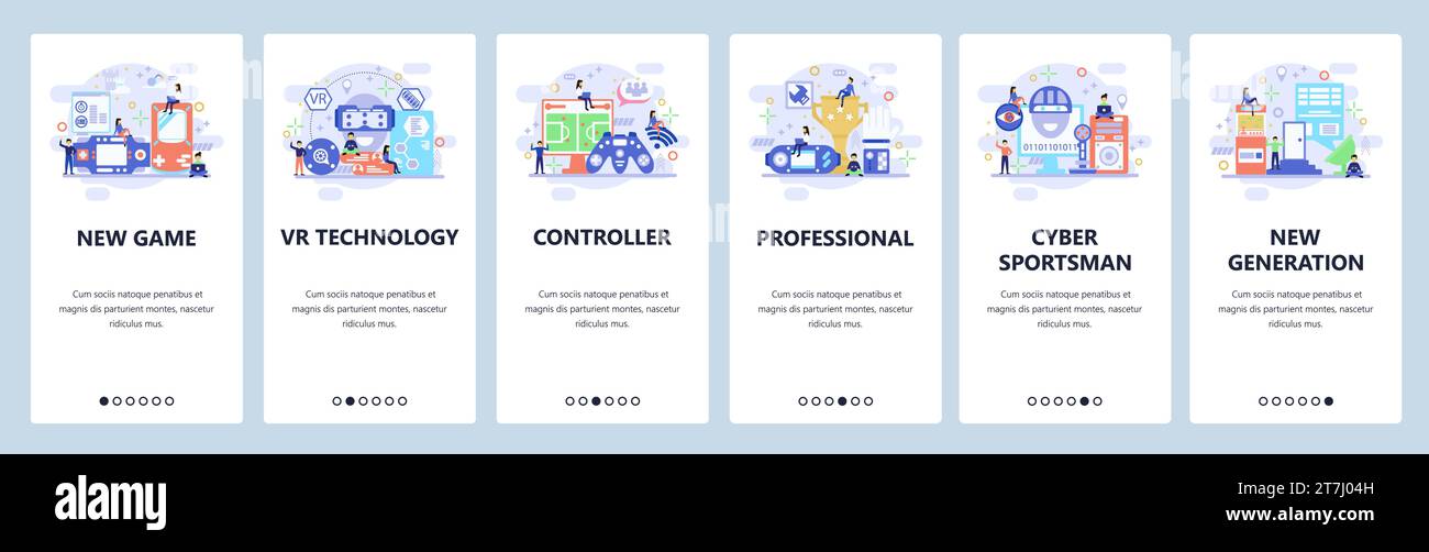 Mobile app onboarding screens. Cyber sportsman, team player, computer ...