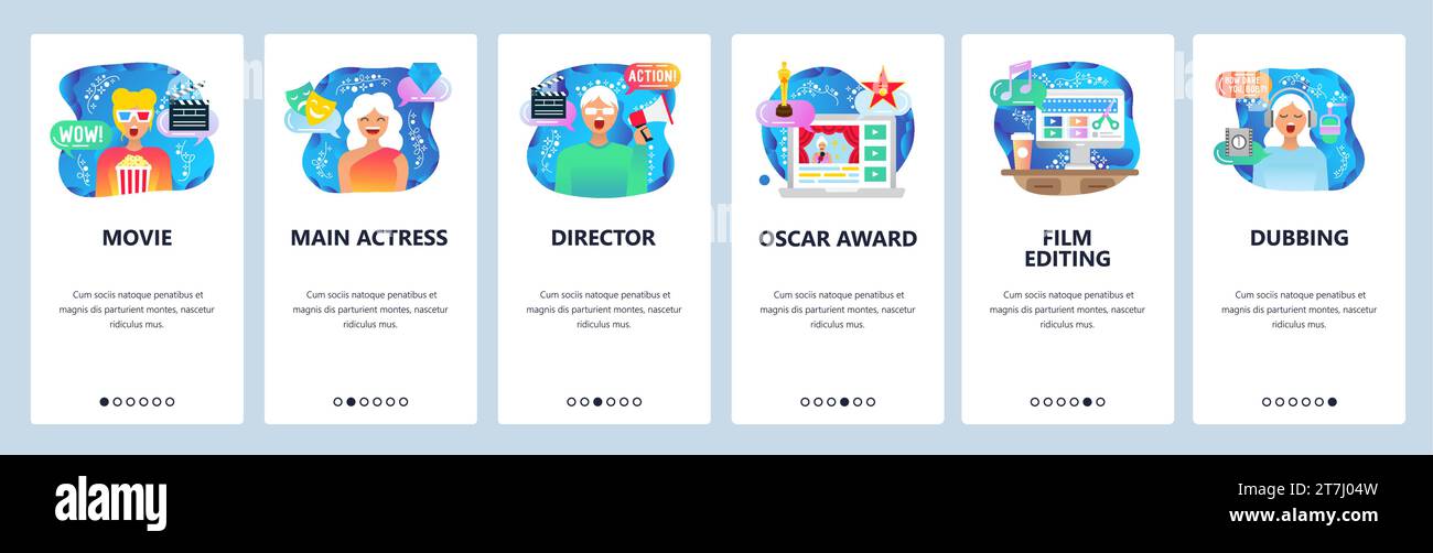 Mobile app onboarding screens. Movie production, film director, cinema ...