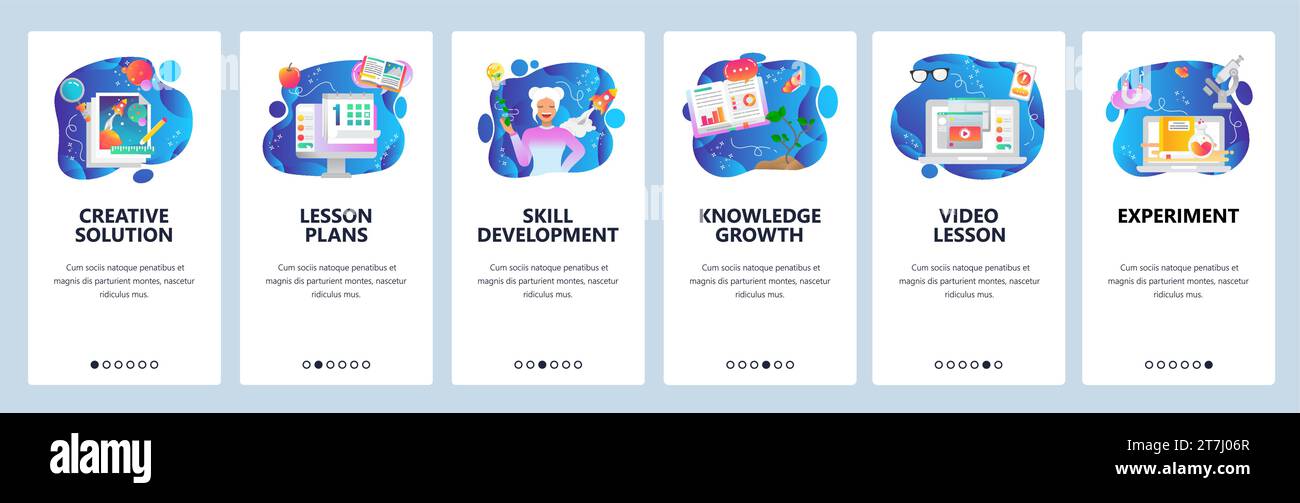 Mobile app onboarding screens. Skill development, video lessons, online education, schedule ...
