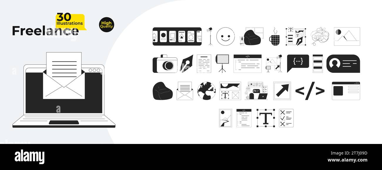 Freelance services black and white 2D line cartoon objects bundle Stock ...