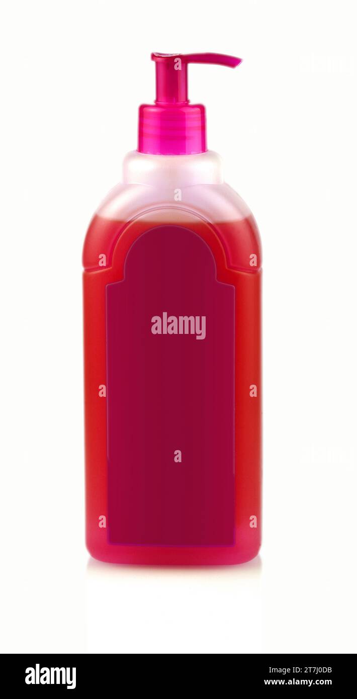 The Red bottle with shampoo with dispenser isolated on white background ...