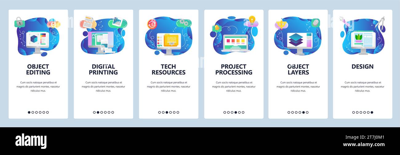 Mobile app onboarding screens. 3D model development, image editor, digital printing, layers ...