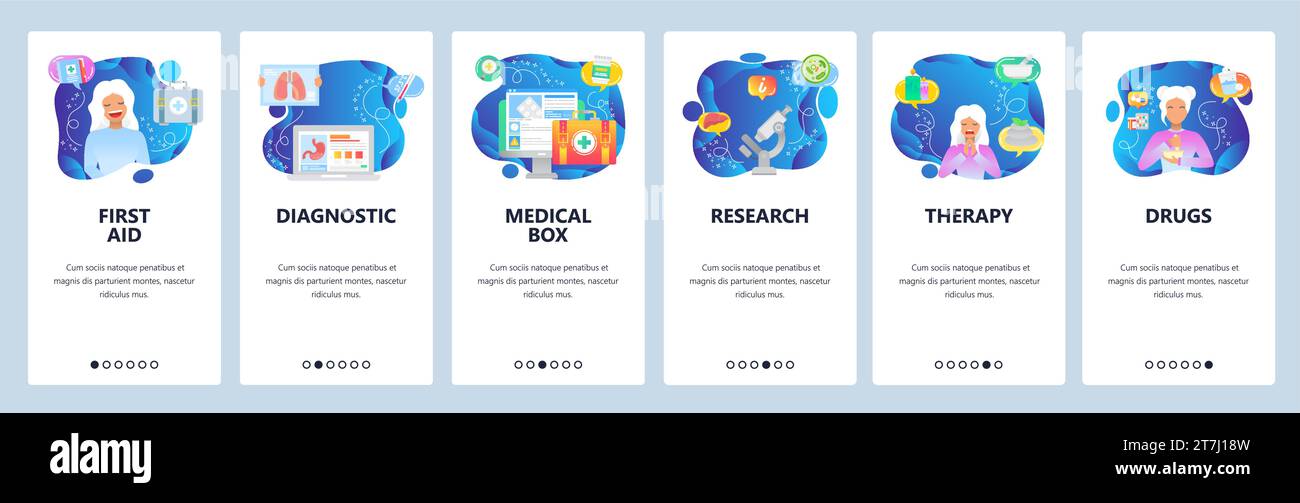 Mobile app onboarding screens. First aid kit, diagnostic, medical ...