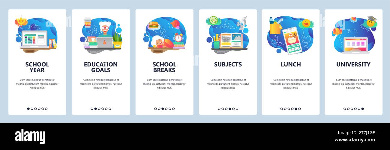 Mobile app onboarding screens. School education, time to sleep, class ...