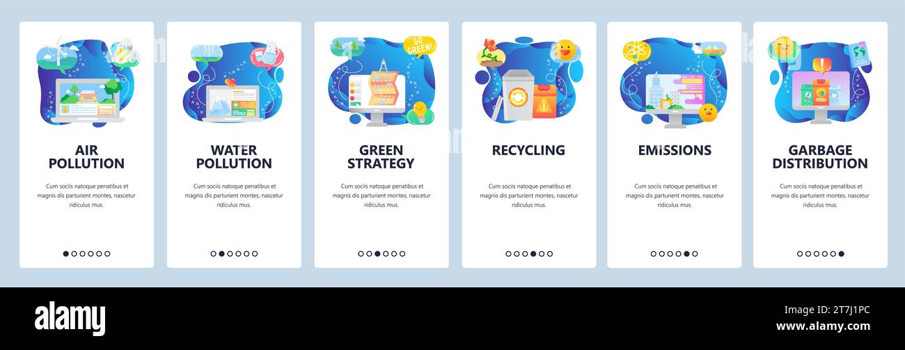 Mobile app onboarding screens. Air and water pollution, waste sorting ...