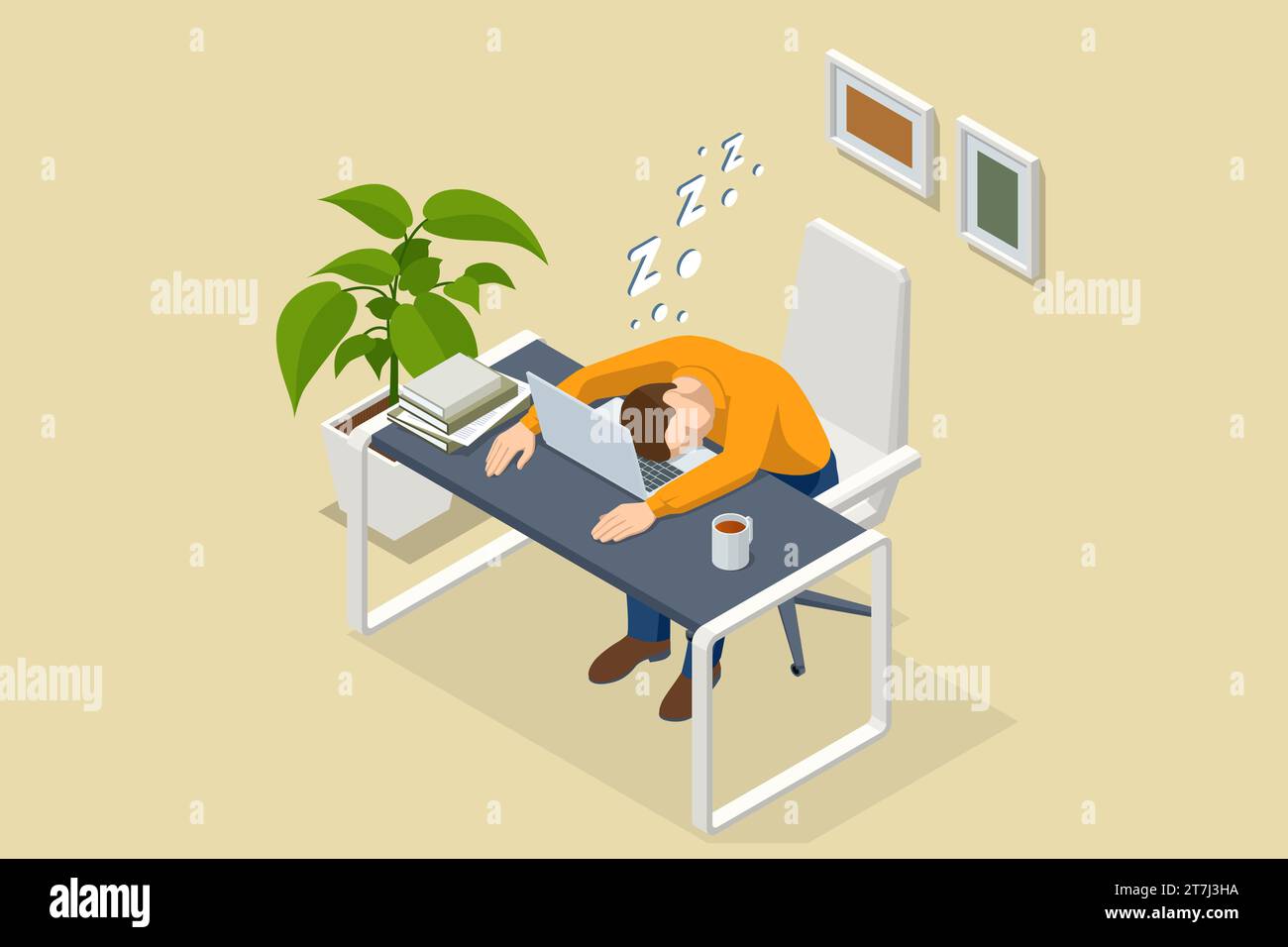 Isometric tired overworked employee sleeping in the office. Tiredness ...