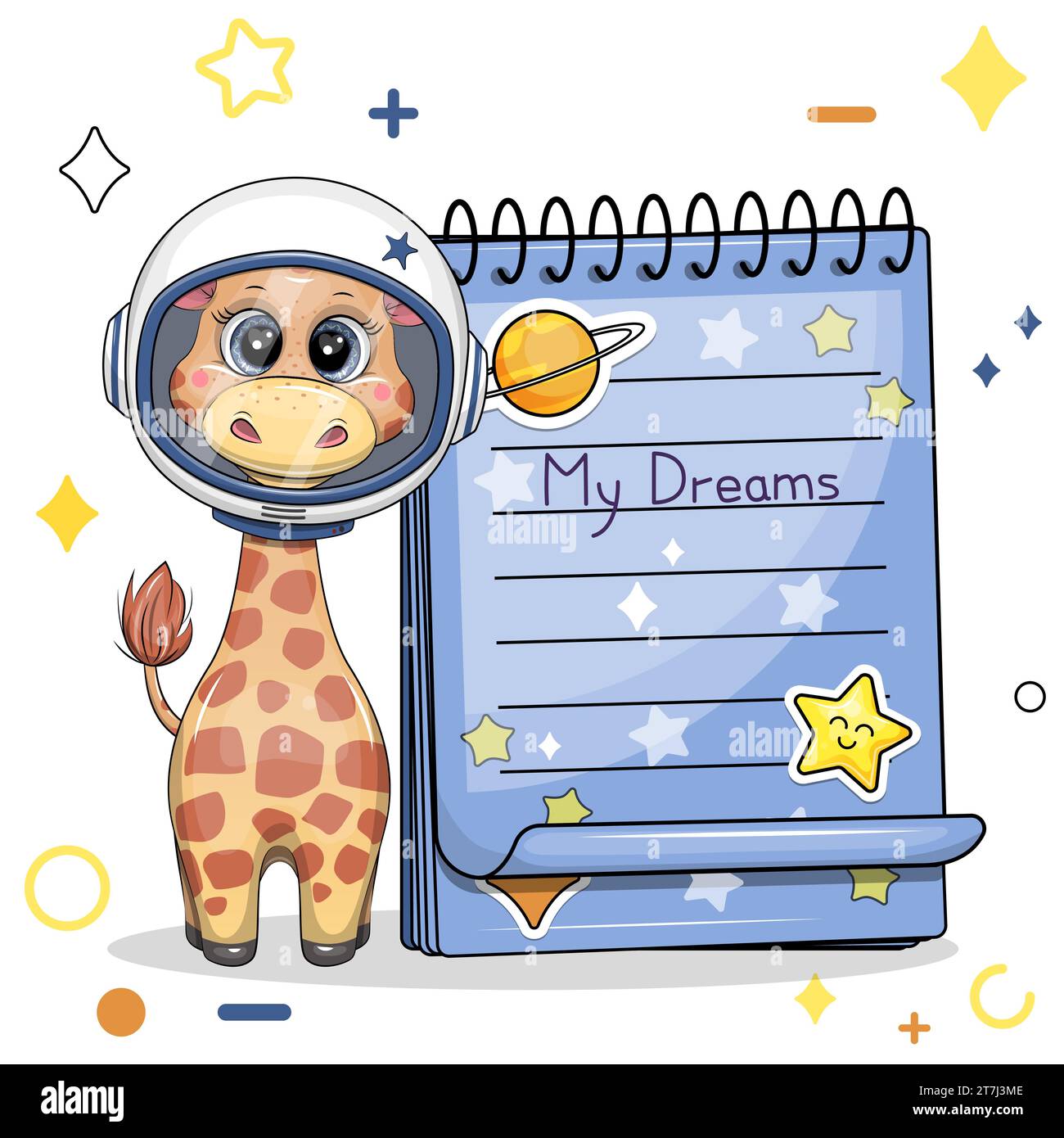 A cute cartoon astronaut giraffe with a blue notebook with stickers ...