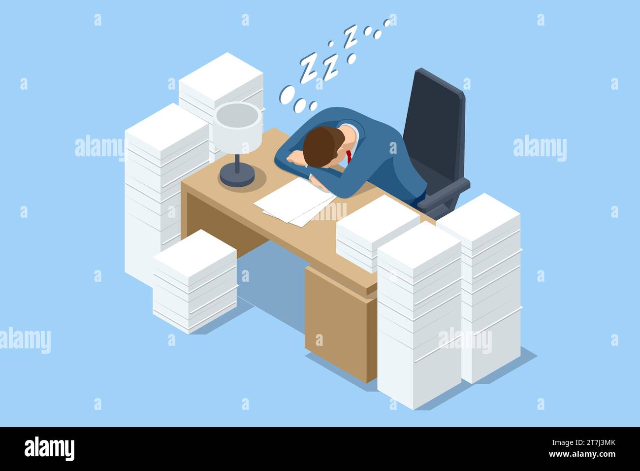 isometric tired overworked employee sleeping in the office. Tiredness ...