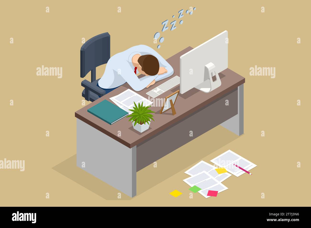 isometric tired overworked employee sleeping in the office. Tiredness ...
